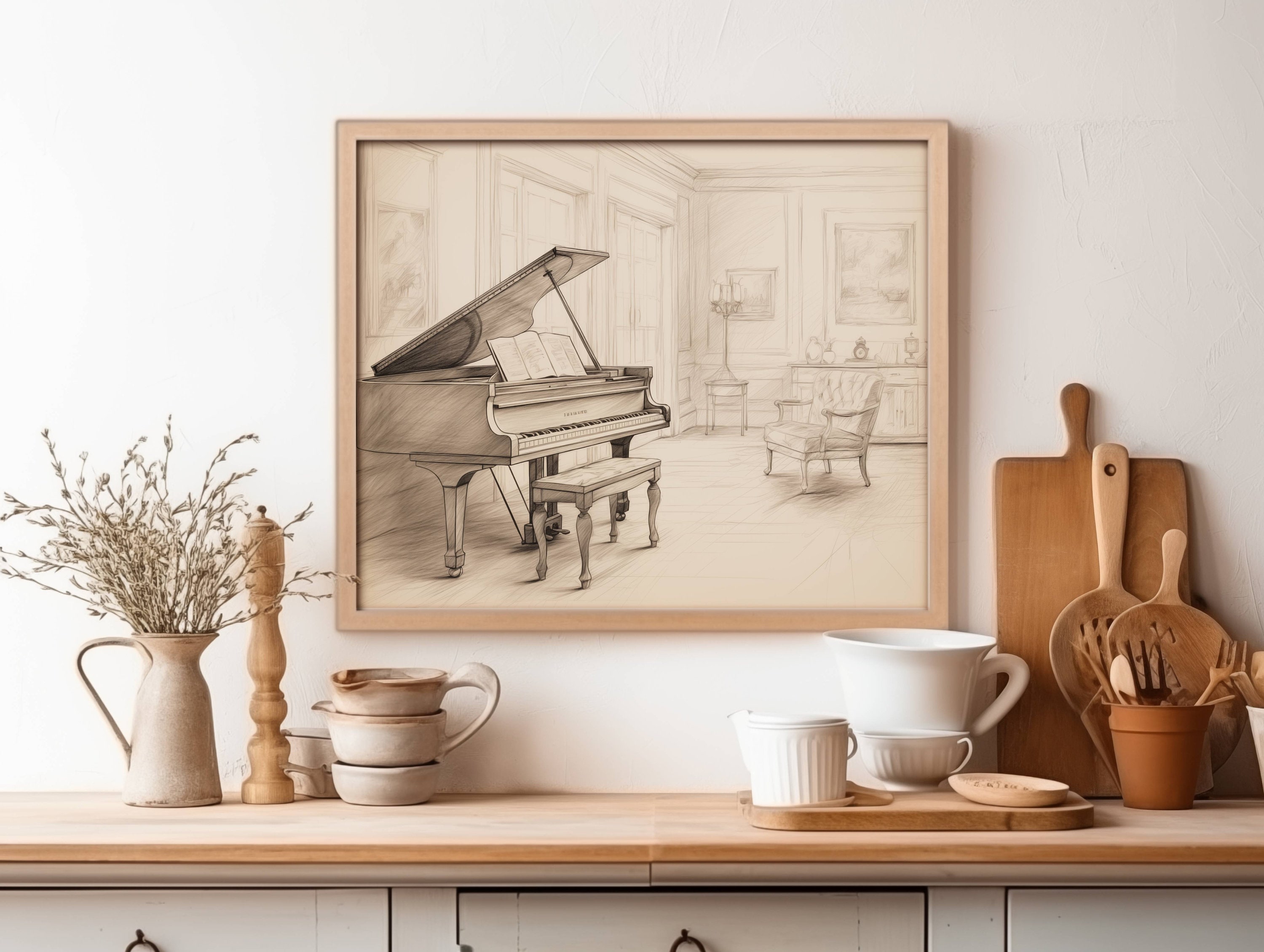 Antique Music Room Pencil Sketch, Vintage Style Drawing, Minimalistic ...