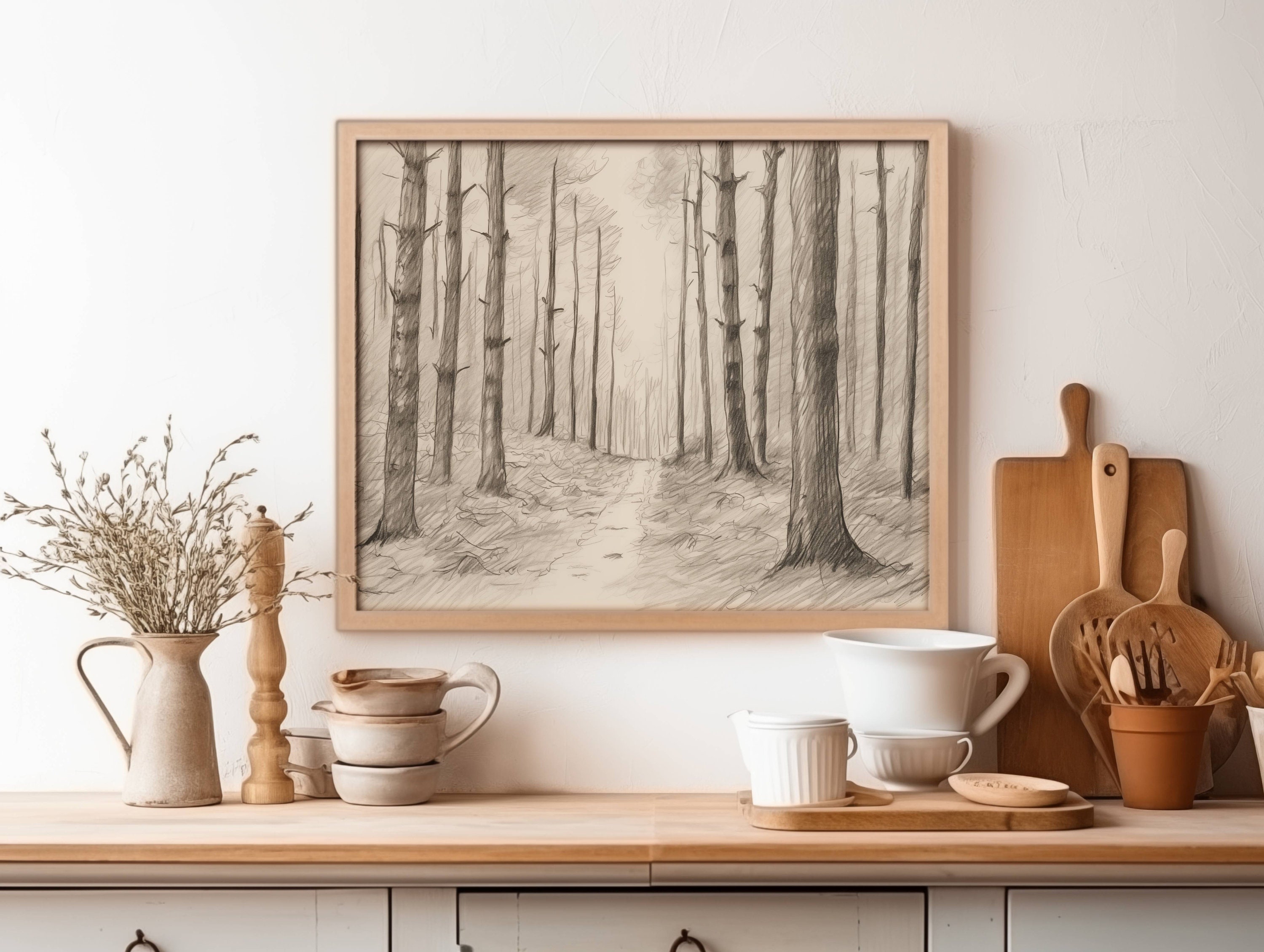 Vintage Forest Path Pencil Sketch, Digital Wall Art, Minimalist ...
