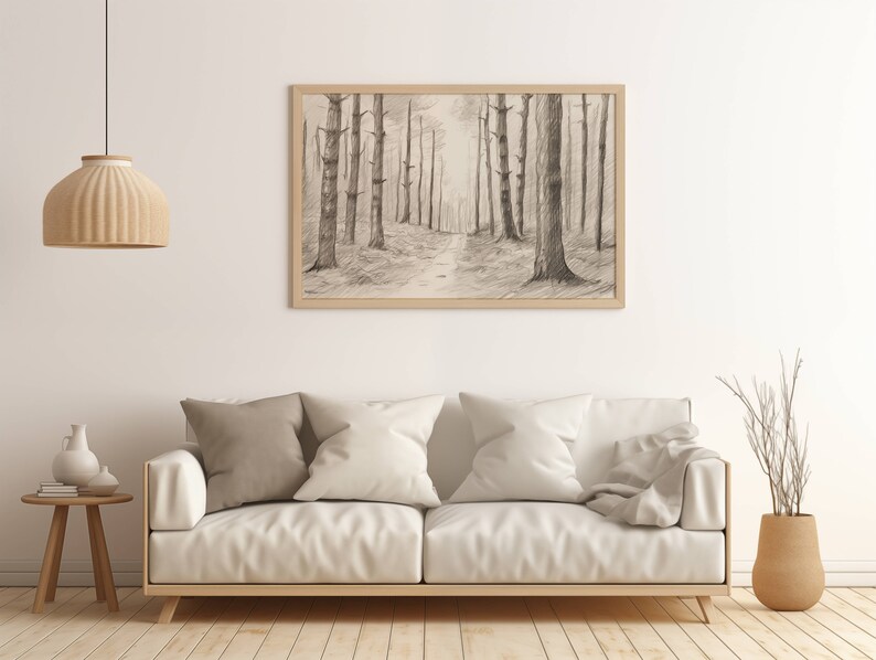 Vintage Forest Path Pencil Sketch, Digital Wall Art, Minimalist ...