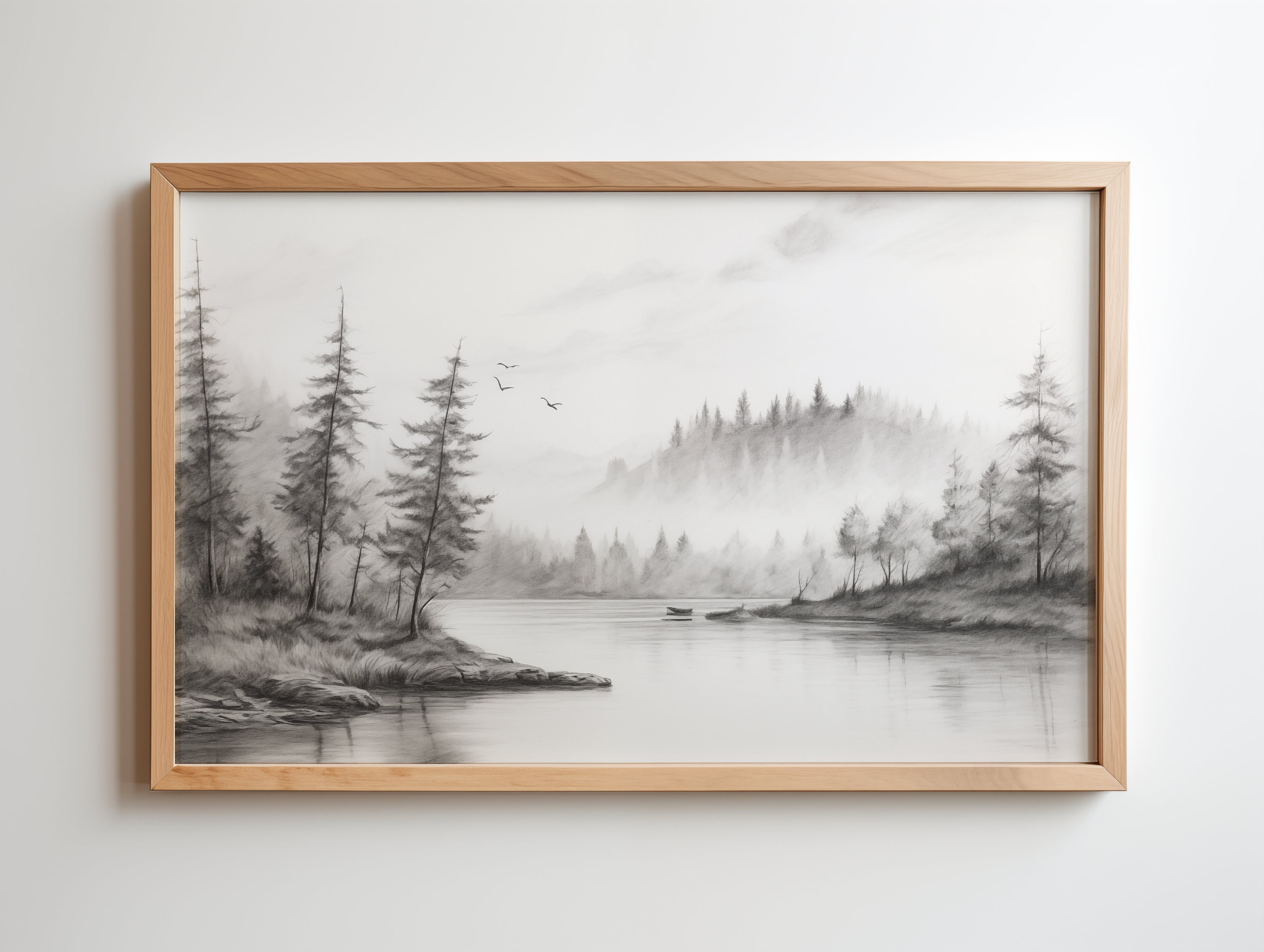 River Landscape Pencil Sketch, Wall Art, Minimalistic Drawing, Pencil ...