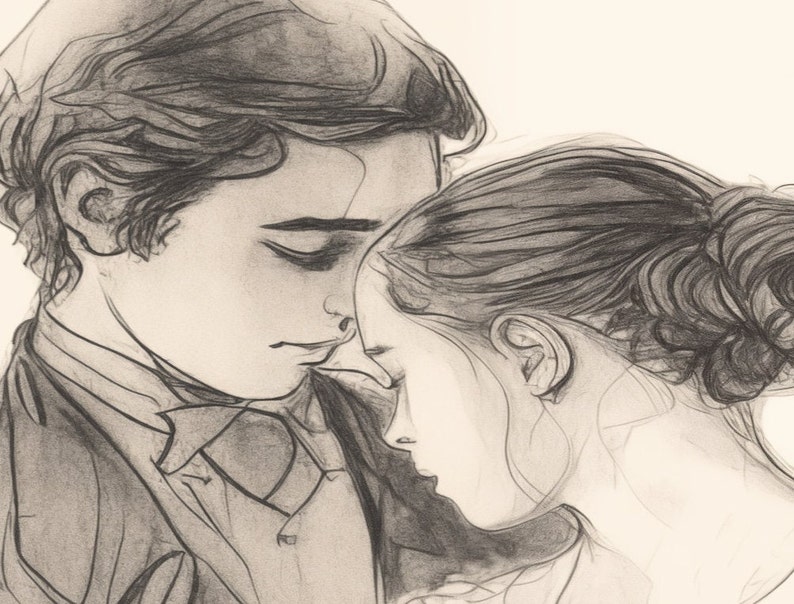 Victorian Couple Pencil Sketch, Wall Art, Minimalistic Drawing, Love ...
