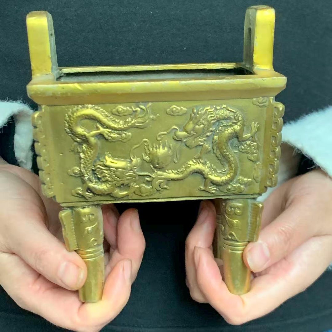 Rectangular Four‑leg Copper Dragon Incense Burner Tibetan Temple ...