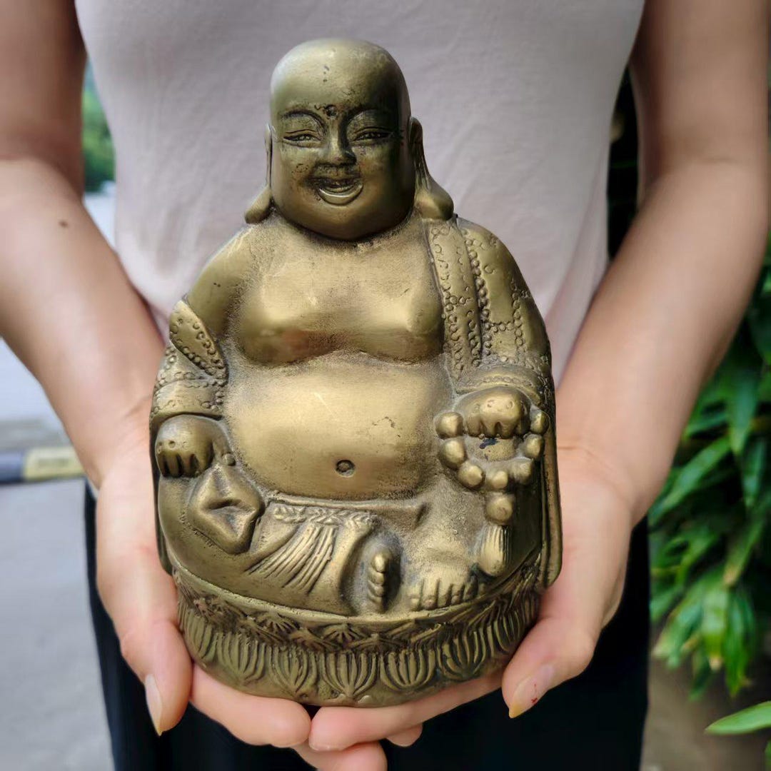 Vintage Bronze Round Happy Laugh Maitreya Buddha Wealth Statue, Brass ...