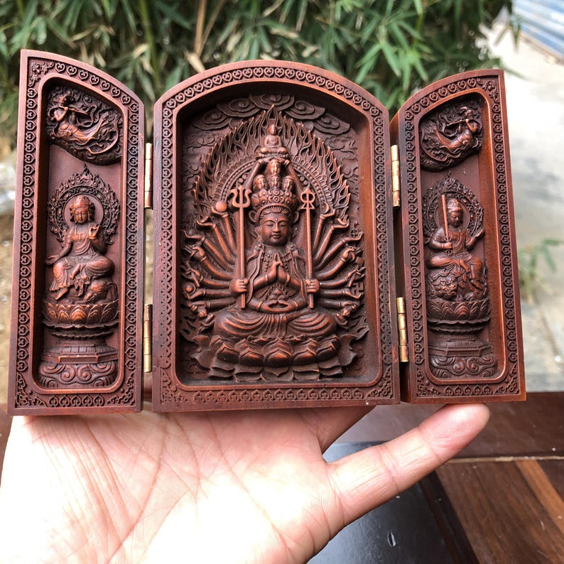 Vintage Natural Boxwood Carved Three Foldsthousand-armed Avalokitesvara ...