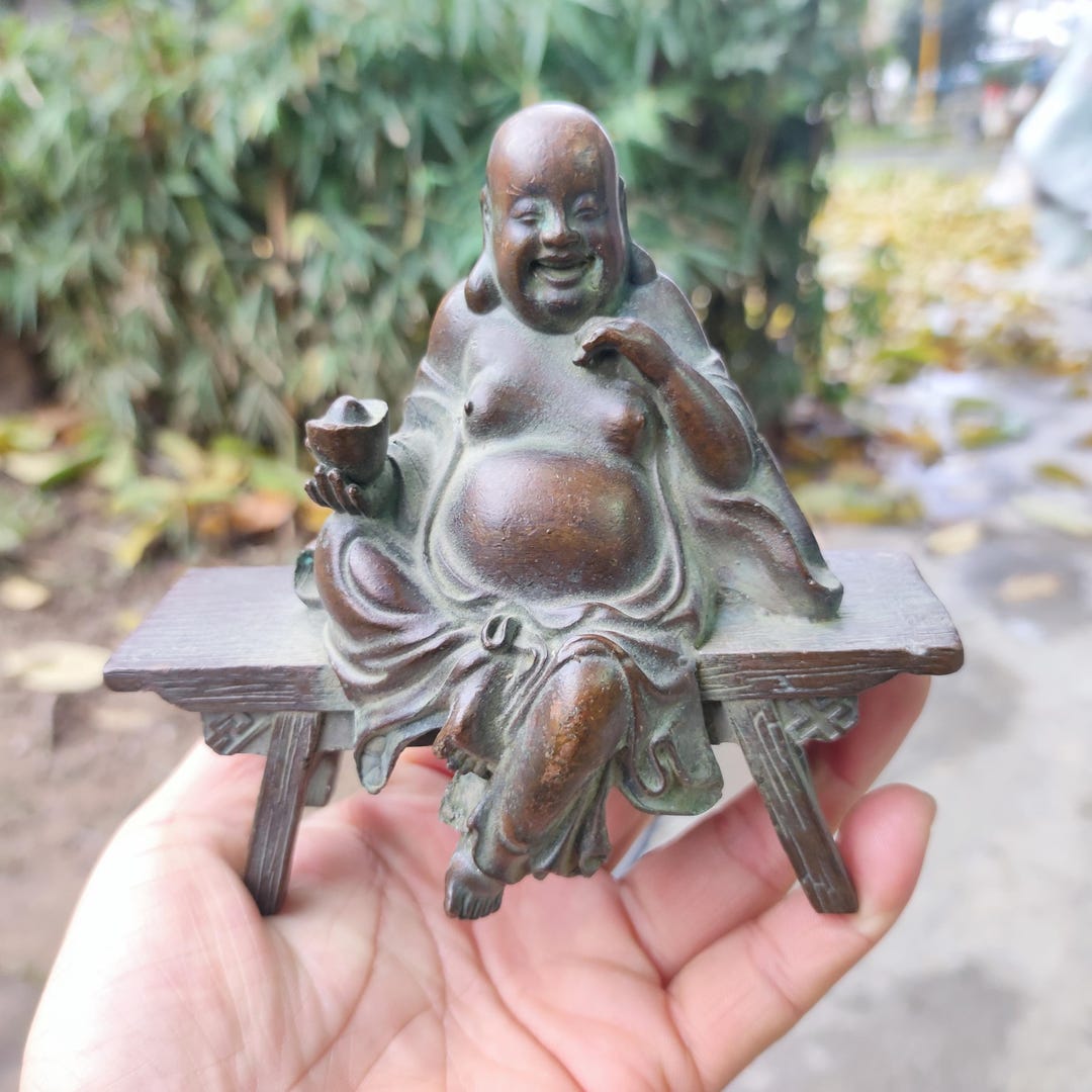 Antike Bronze Bank Lachen Buddha Statue, Maitreya Sitzen Auf Der Bank ...