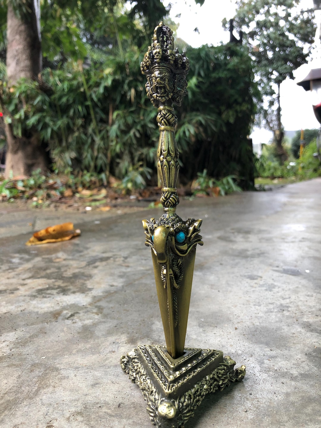 Tibetan Tantra Bronze Dorje Vajra Phurpa Pestle With Base Inlaid With ...