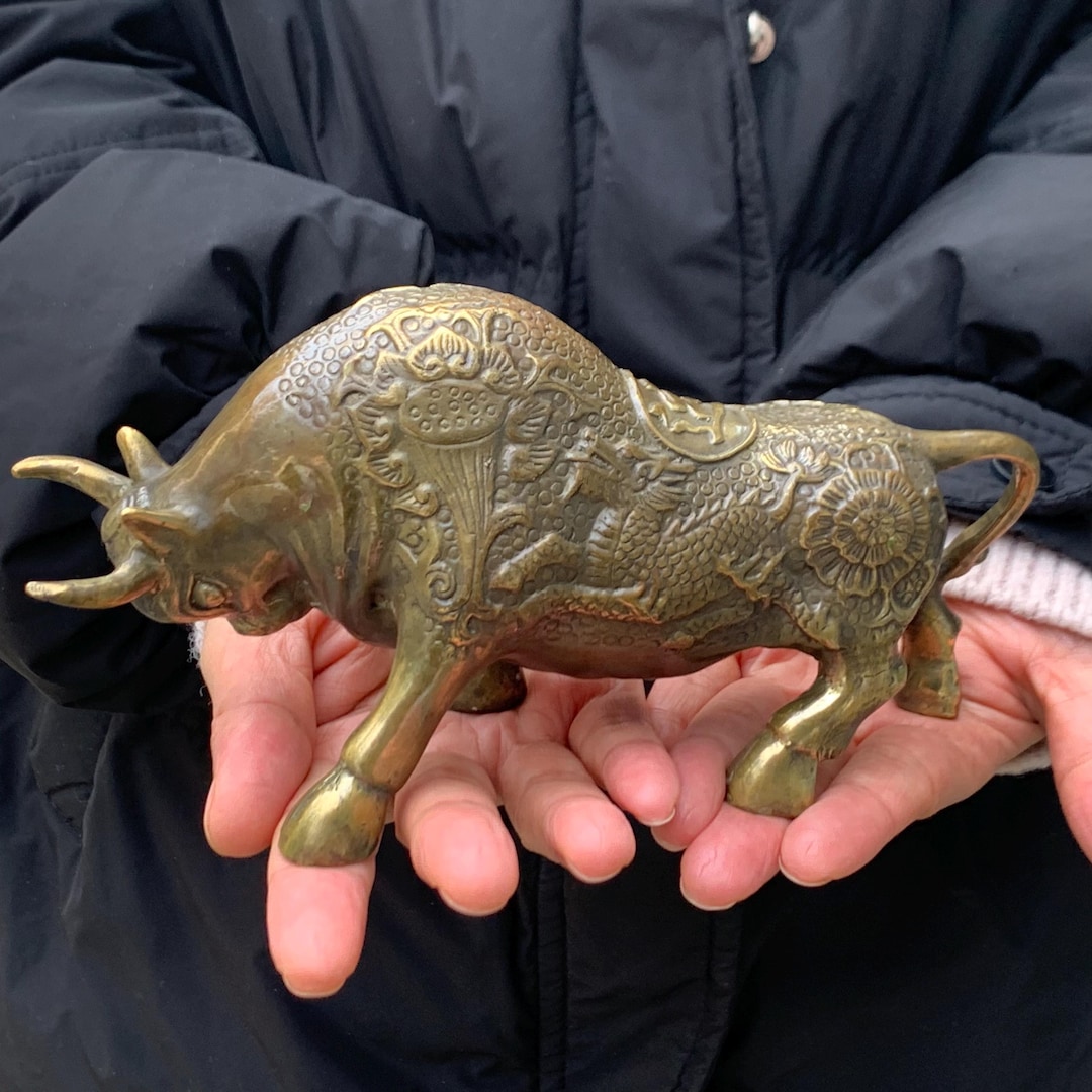 Lucky Qilin Pattern Copper Feng Shui Ox Statue Good Fortune Home Decor ...