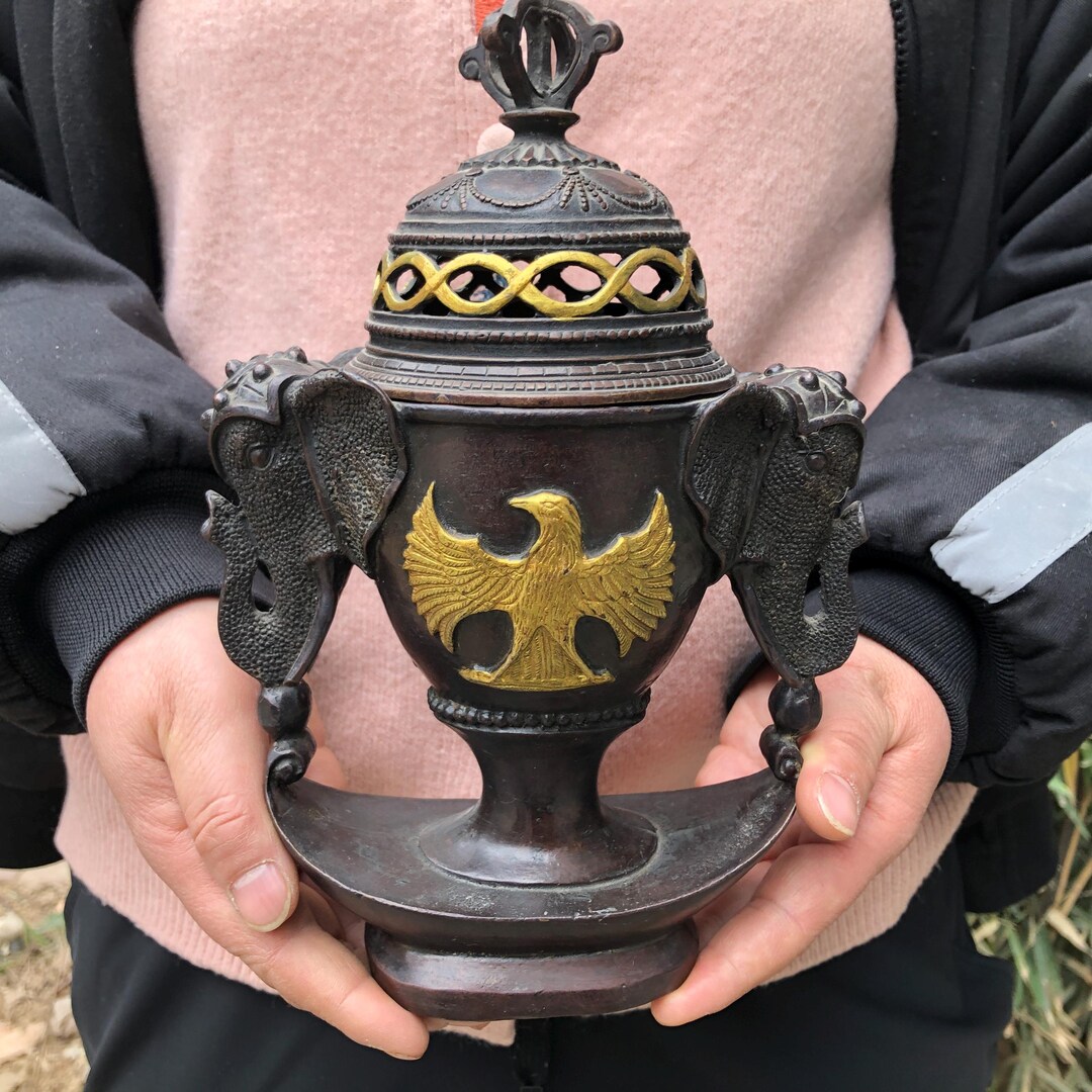 Copper Double Elephant Head Embossed Eagle With Vajra Lid Incense ...