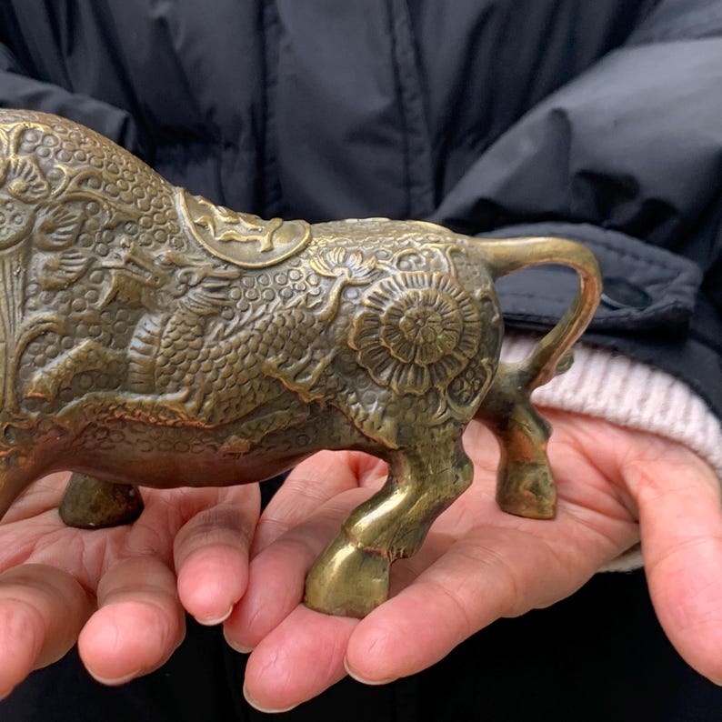 Lucky Qilin Pattern Copper Feng Shui Ox Statue Good Fortune Home Decor ...