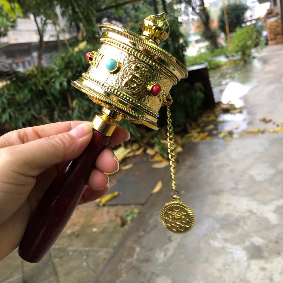 Nepal Handcrafted Prayer Wheel With Wood Handle,buddhist Scriptures Om ...