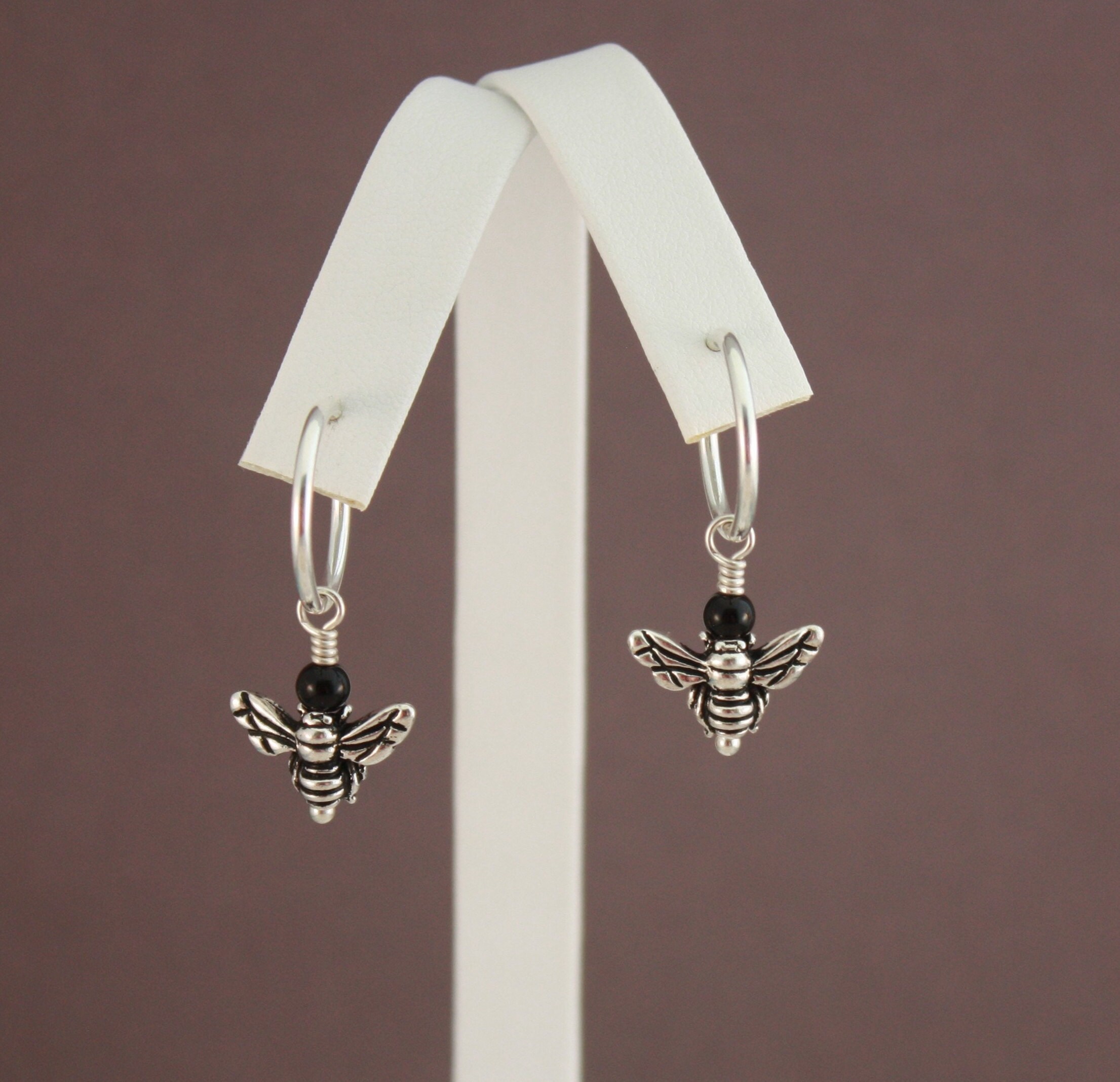 Clip Hoop Earrings With Antique Silver Honeybee Beads and Black Onyx by ...