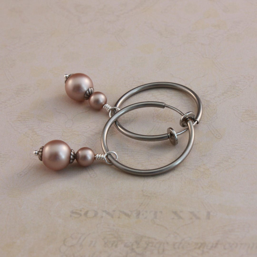 Clip on Hoop Earrings Stainless Steel and Powder Almond Neutral Clipon ...