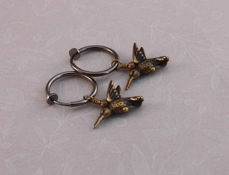 Clip Hoop Earrings, Antique Brass Hummingbird, Clip on Earrings by ...