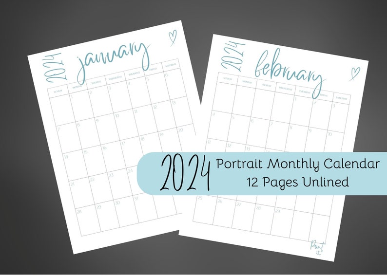 2024 Calendar Monthly Unlined Calendar in Pastel Blue Instant Download ...