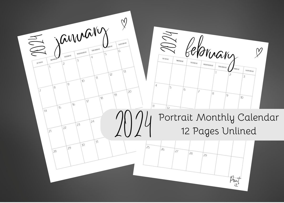 2024 Calendar Monthly Planner Portrait Black and White Calendar Instant ...