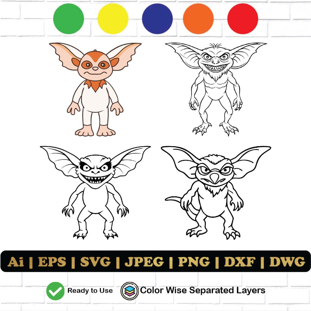 Cute Gremlins Svg, Gizmo Svg, Mogwai Outline Cartoon Illustration Svg ...