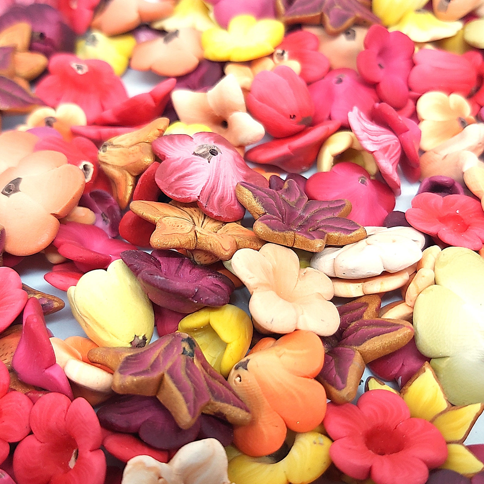 Summer Flower Mix, Polymer Clay Beads, Red, Orange Yellow Beads, 10 ...