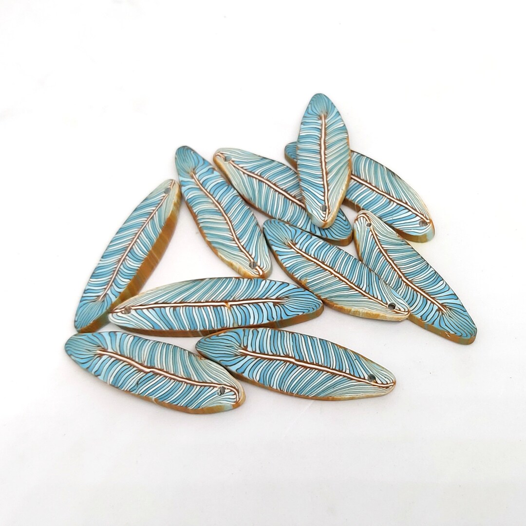 Turquoise Feather Beads, Pale Blue Green Polymer Clay Beads, 10 Pieces ...