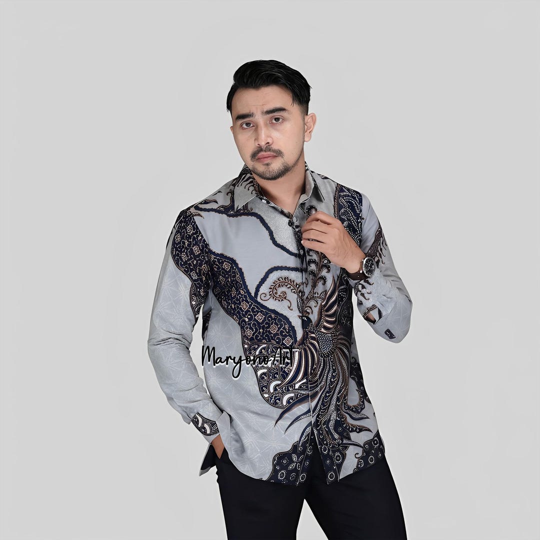Handmade Men's Blue Batik Shirt Long Sleeve Samudra Premium Cotton With ...