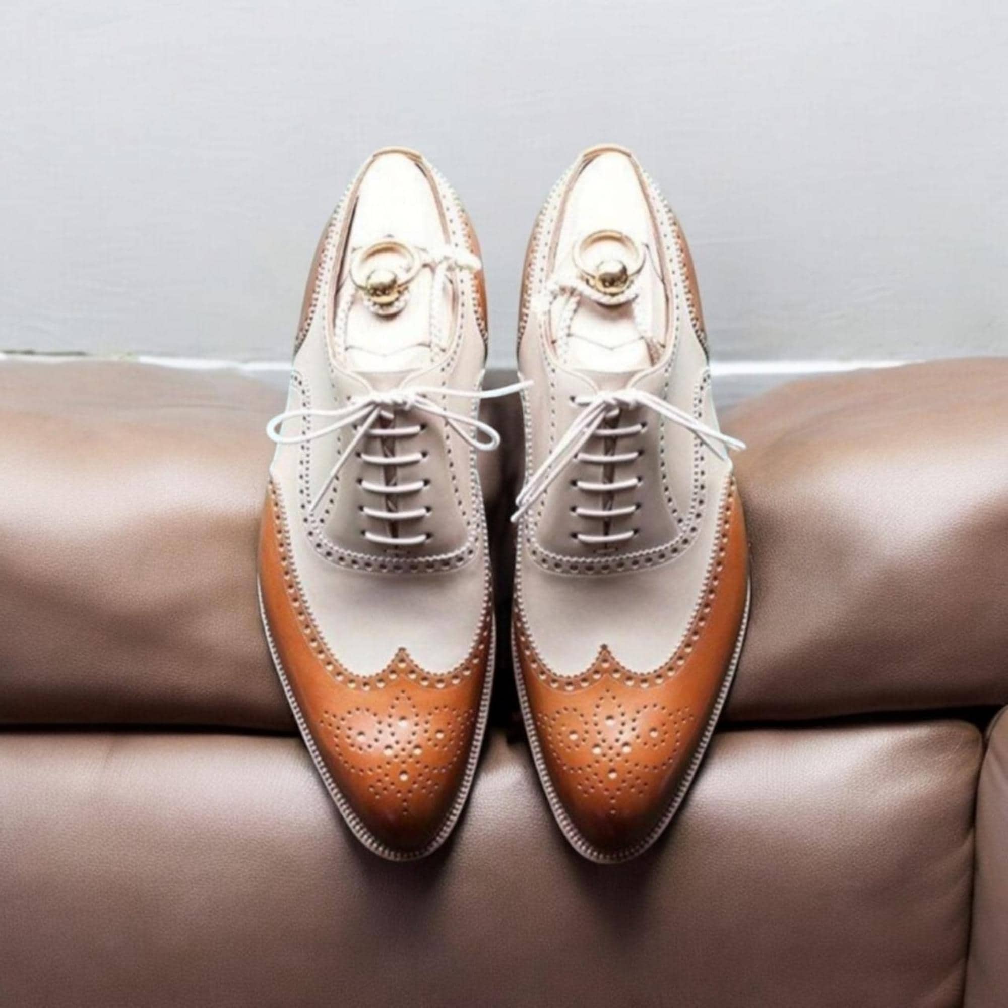 Custom Made New Men's Handmade Two Tone Beige Leather & Tan Leather ...