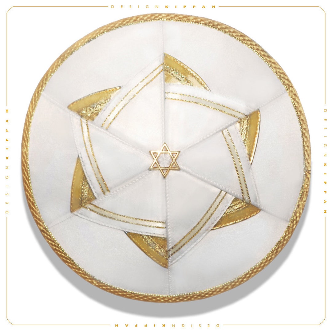 White - Gold David Star Kippah | Jewish Wedding _ Bar Mitzvah _ Shabbat _ Passover _ Chanukah ...