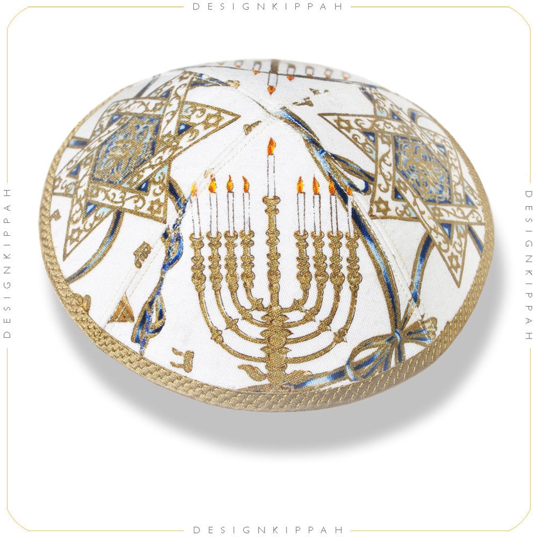 Chanukah Jewish Kippah - Yarmulke | David Stars - Menorah - Chanukiah ...