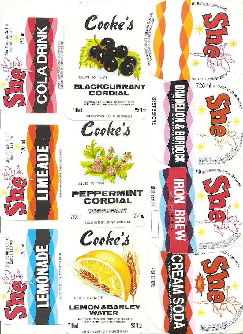 44 VINTAGE Labels Soda , JUICE, Etc... PEPPER Up, She , Dad's , Cooke's ...