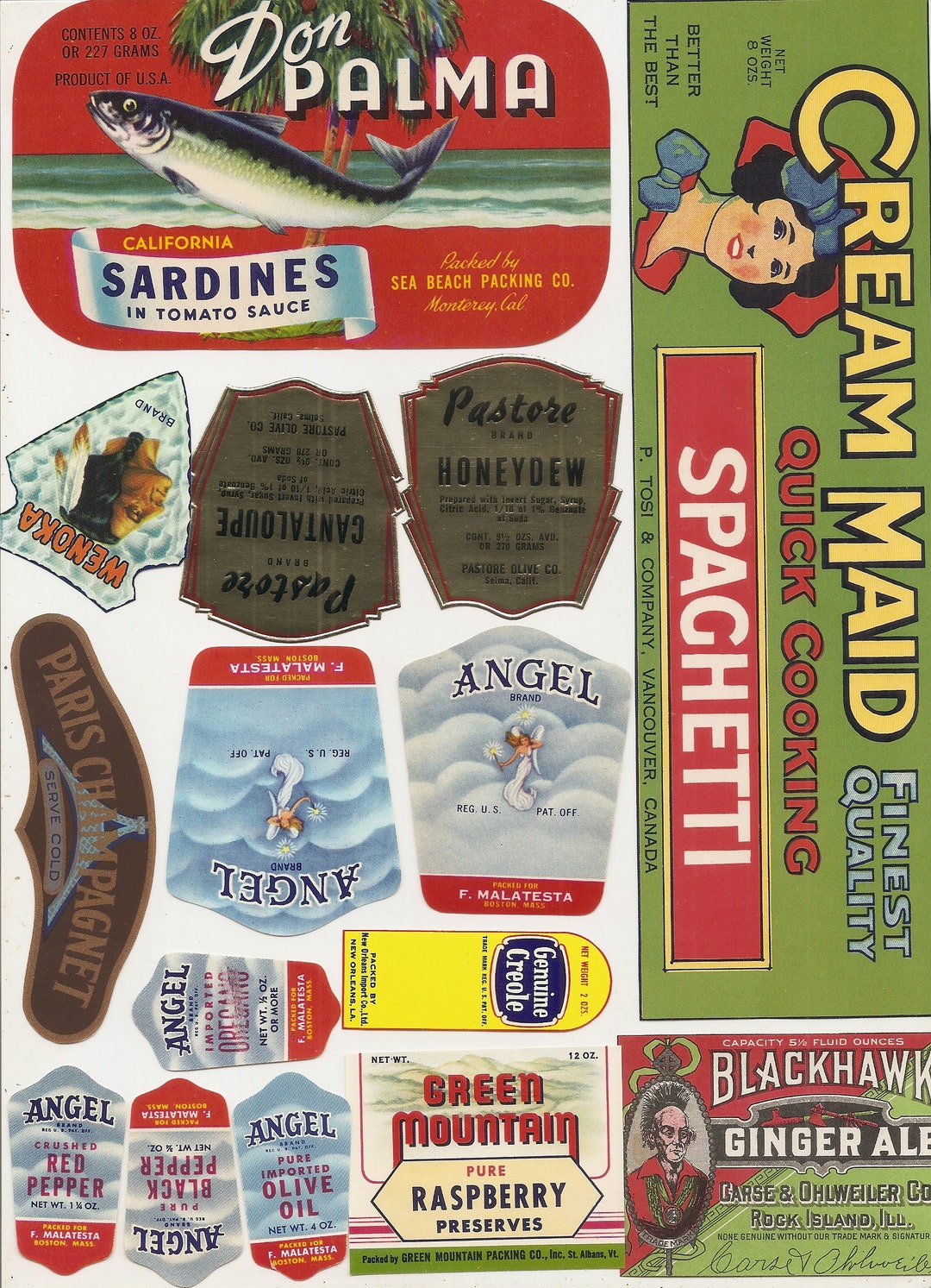 134 VINTAGE PRODUCT labels , tuna, olives , spices, soda, beer, tobacco ...