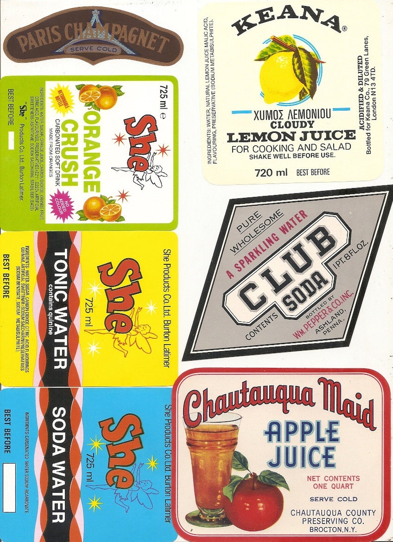 44 VINTAGE Labels Soda , JUICE, Etc... PEPPER Up, She , Dad's , Cooke's ...