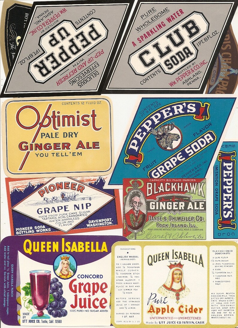60 old vintage Soda juice etc..LABELS PEPPER UP She | Etsy
