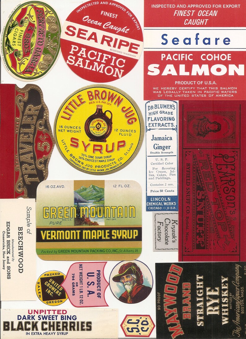 242 VINTAGE PRODUCT Labels , Tuna, Olives , Spices, Soda, Beer, Tobacco ...