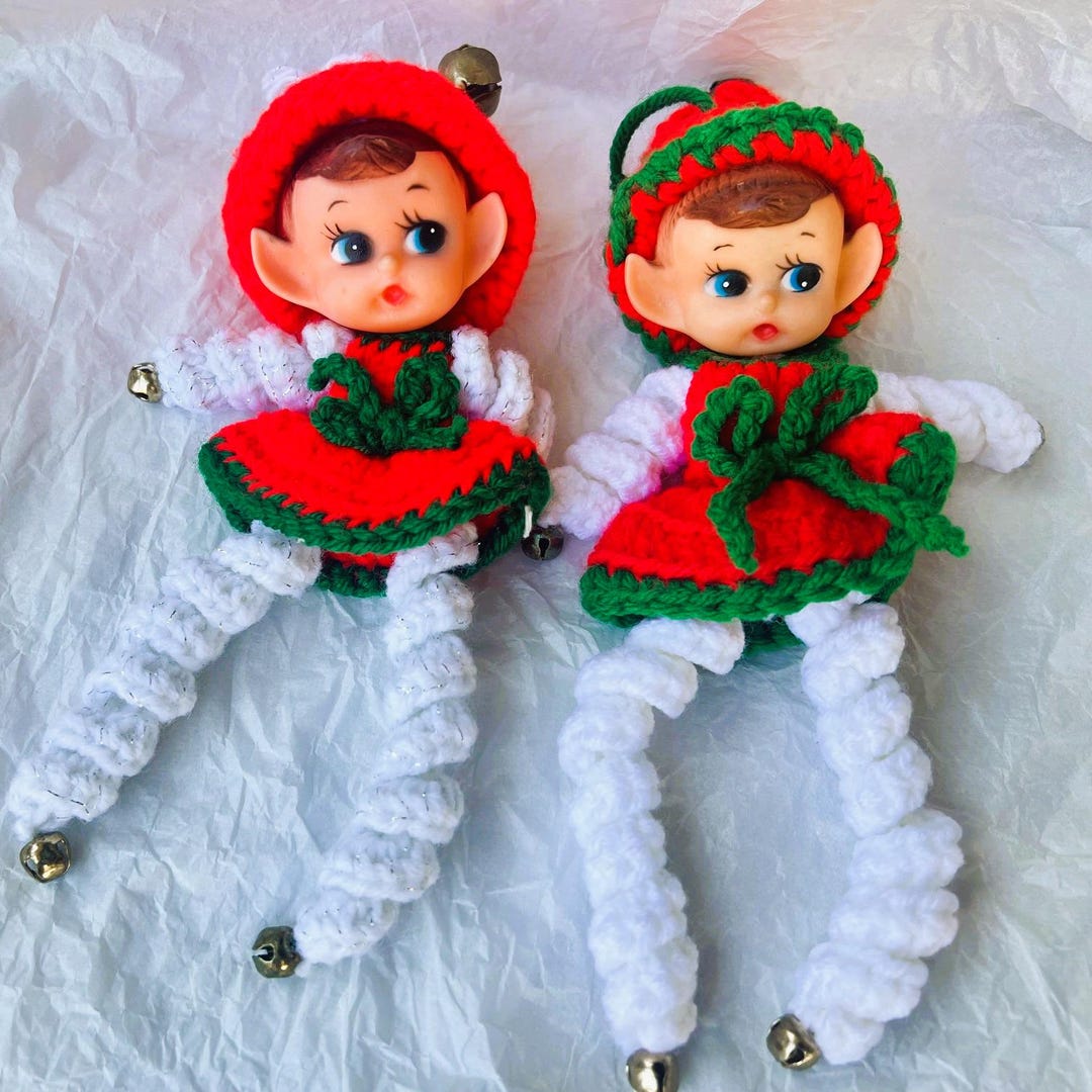 Vintage Kitsch Christmas Elf Dolls: Rubber Face, Crocheted Ornaments - Etsy