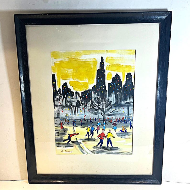 Vintage MCM Original Oil Painting on Satin Framed, 1950s Ice Skating ...
