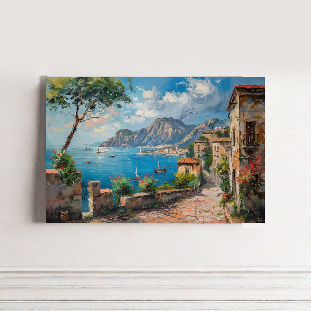 Printable Vibrant Italy Seaside Town Landscape Oil Painting Canvas ...