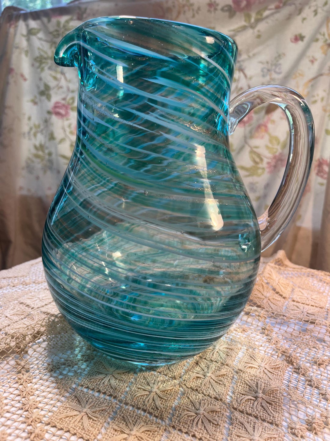 Aqua Swirl Blown Art Glass Pitcher. Gold Shimmer Accents. Applied Glass ...