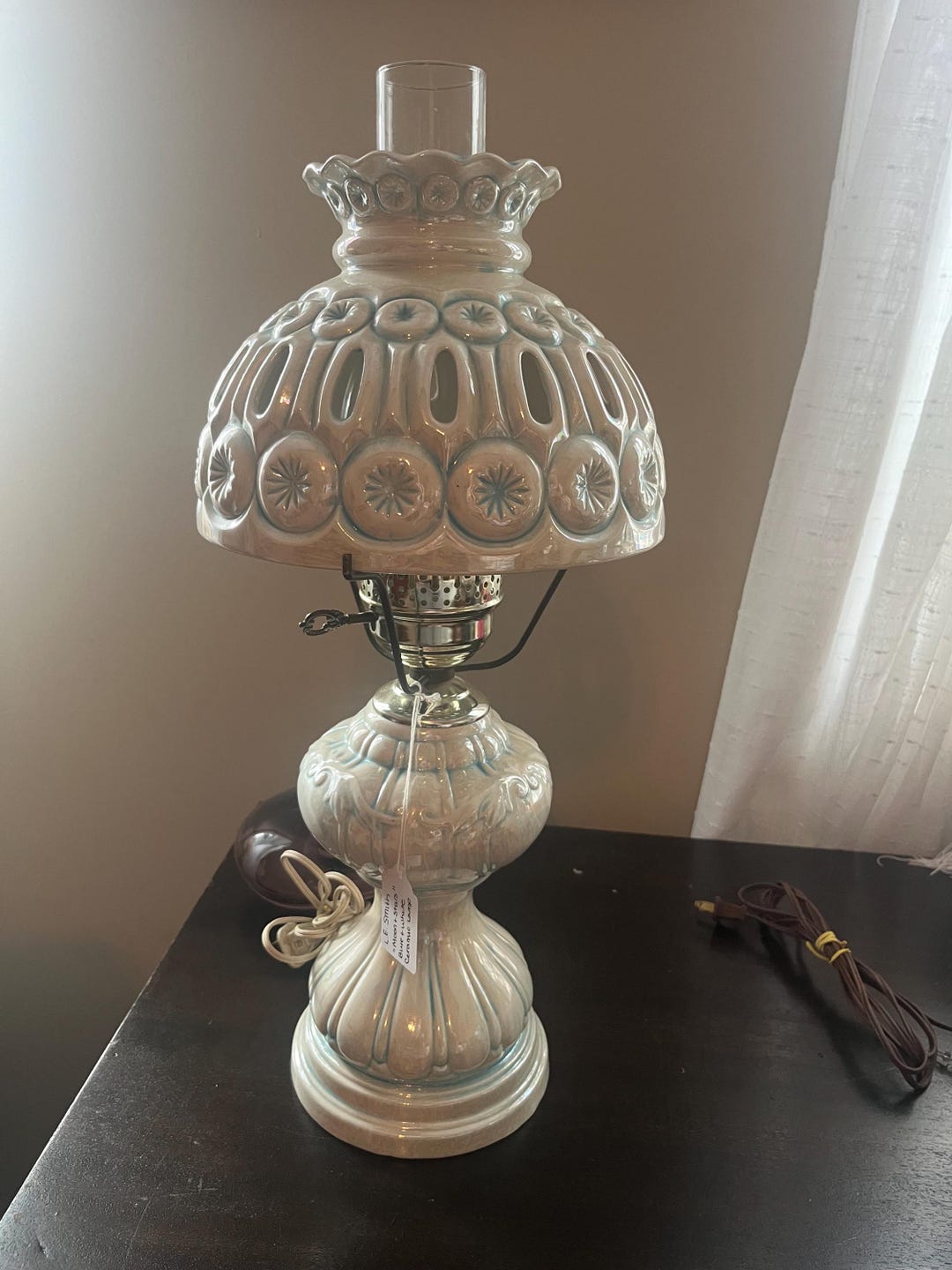 Vintage LE Smith Moon and Stars Blue and White Ceramic Hurricane Lamp ...