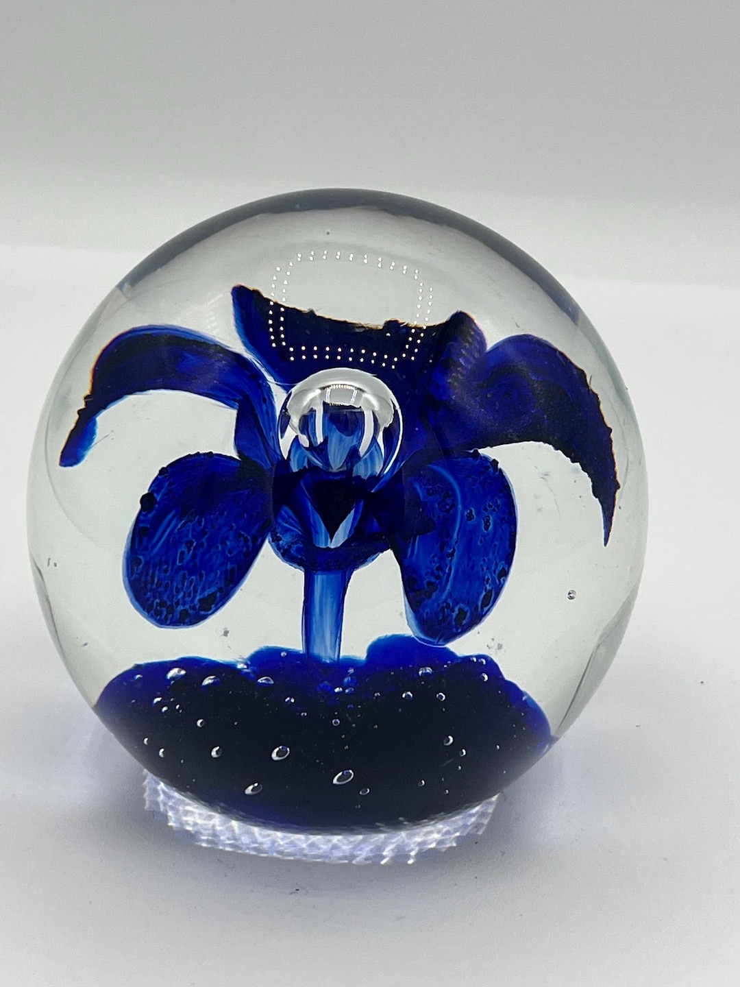 Art Glass Sphere Paperweight With Cobalt Blue Flower and Controlled ...