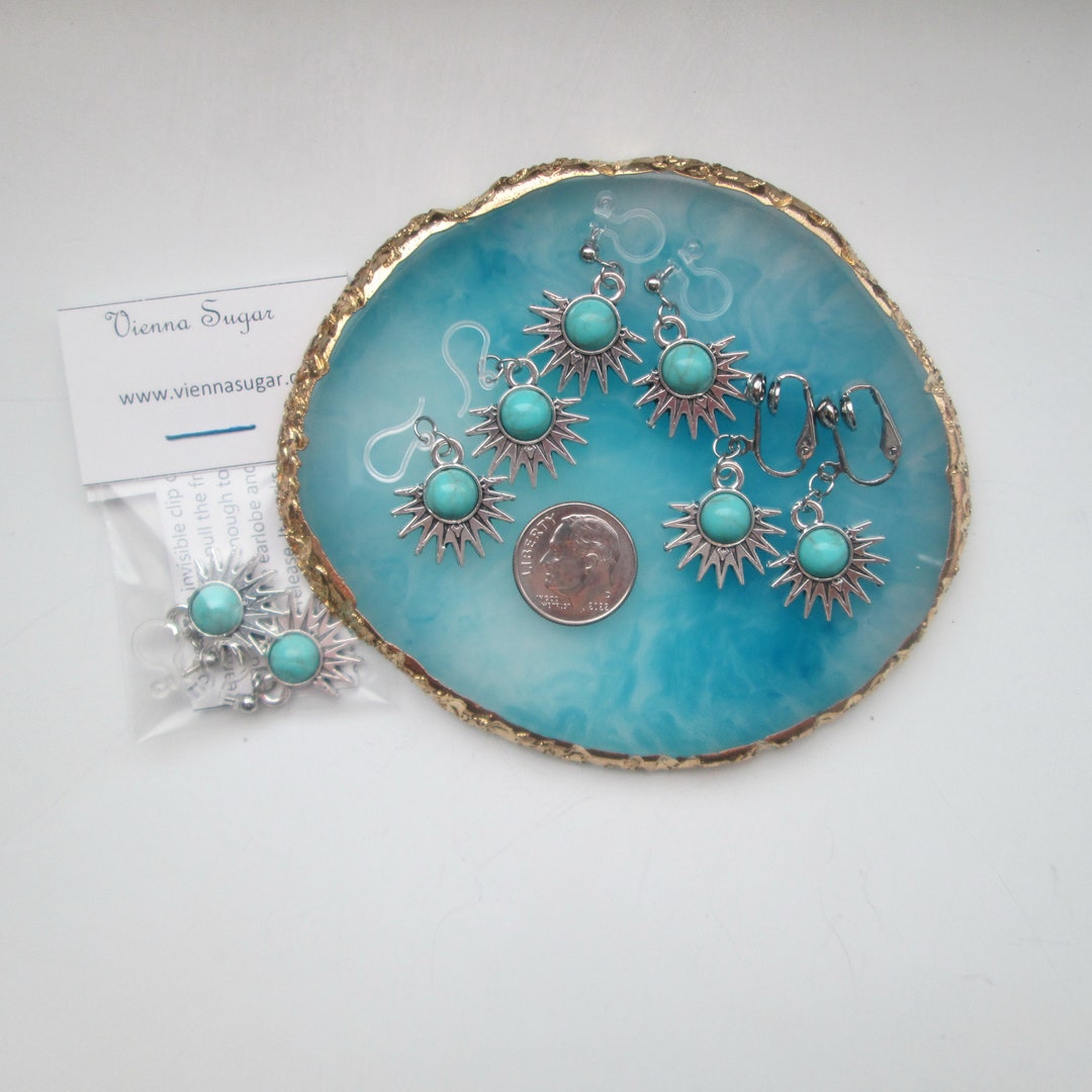 Turquoise Sunburst Clip on Earrings: Metal Free, Sensitive Ears - Etsy
