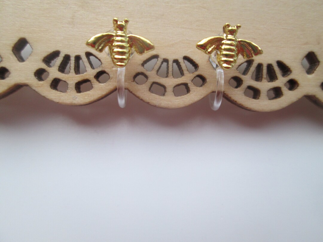 Tiny Gold Bee Invisible Clip on Earrings With Comfortable Clear Plastic ...