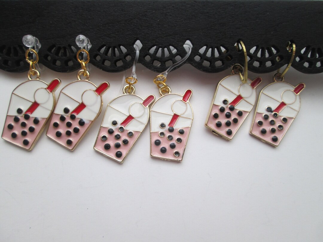 Strawberry Bubble Milk Tea With Boba Pearls Invisible Clip on Earrings ...