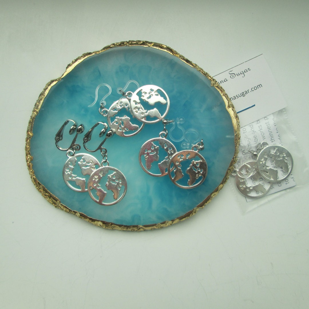 Silver Planet Earth Invisible Clip on Earrings Hinge Back or Metal Free ...