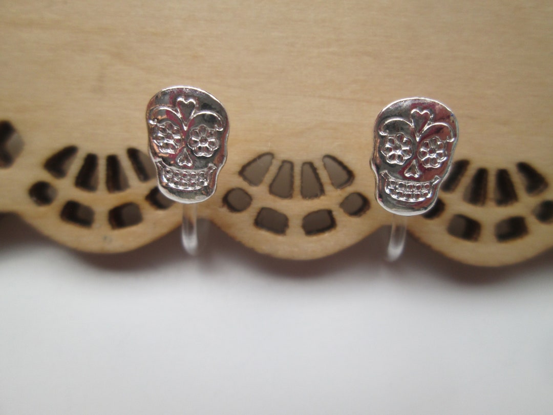 Silver Sugar Skull Invisible Clip on Earrings - Etsy