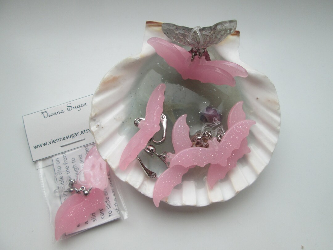 Pink Glitter Resin Bat Invisible Clip on Earrings Hinge Back - Etsy