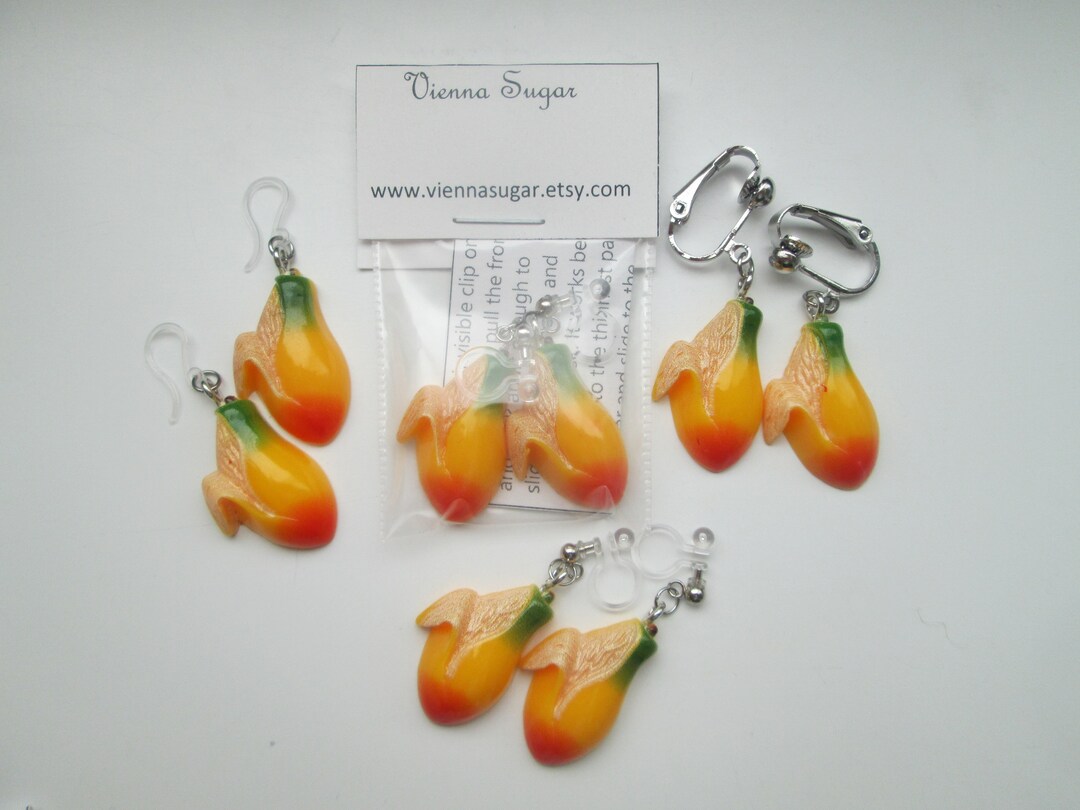 Resin Mango Fruit Invisible Clip on Earrings Hinge Back or Metal Free ...