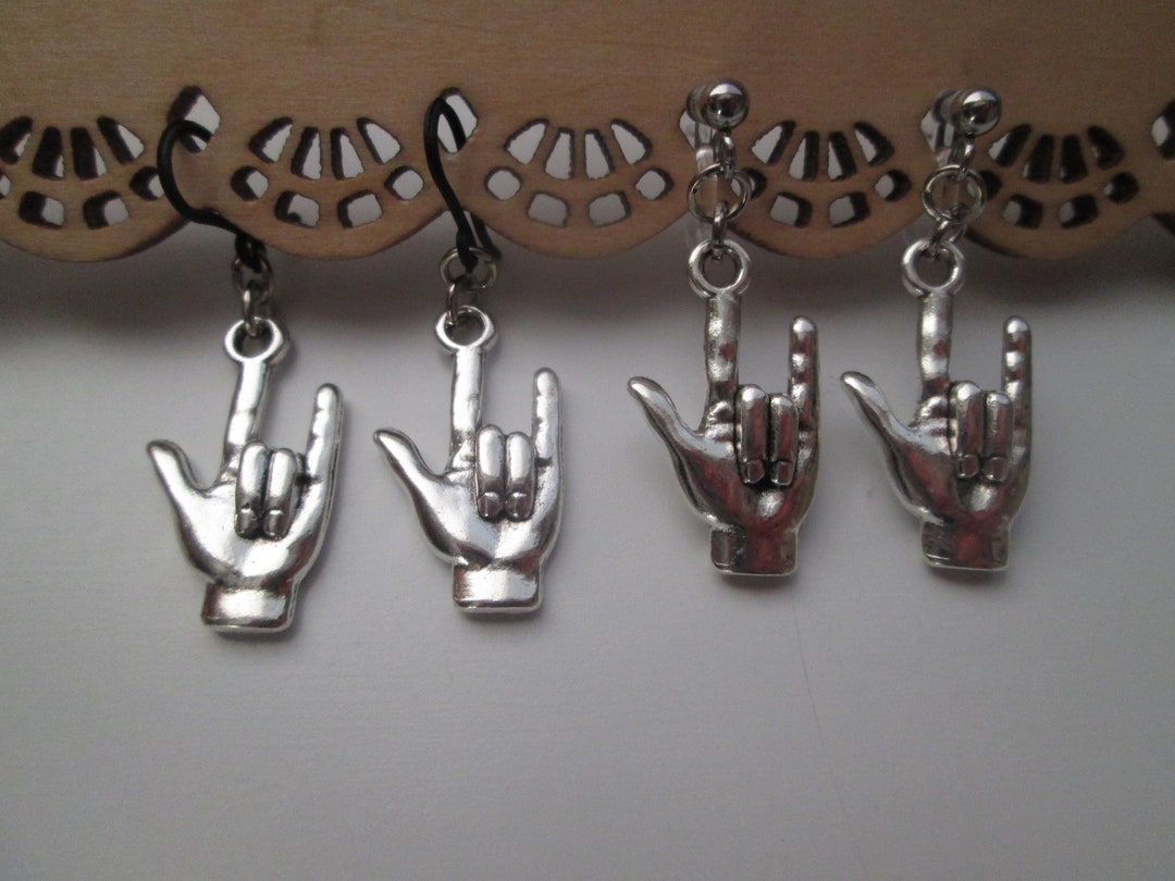 Silver ASL I Love You Hand Sign Invisible Clip on Earrings or ...