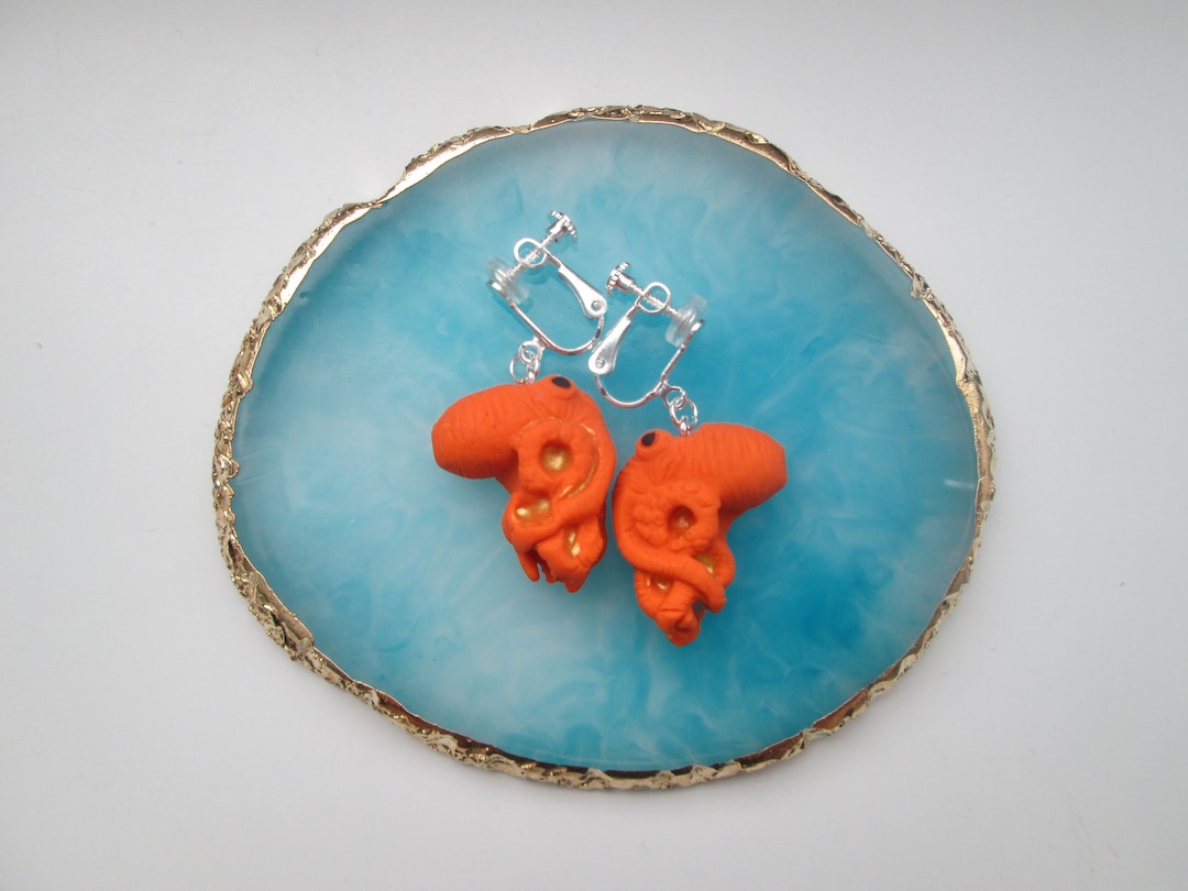 Orange Polymer Clay Octopus Clip on Earrings or Metal Free Ear Wire for ...