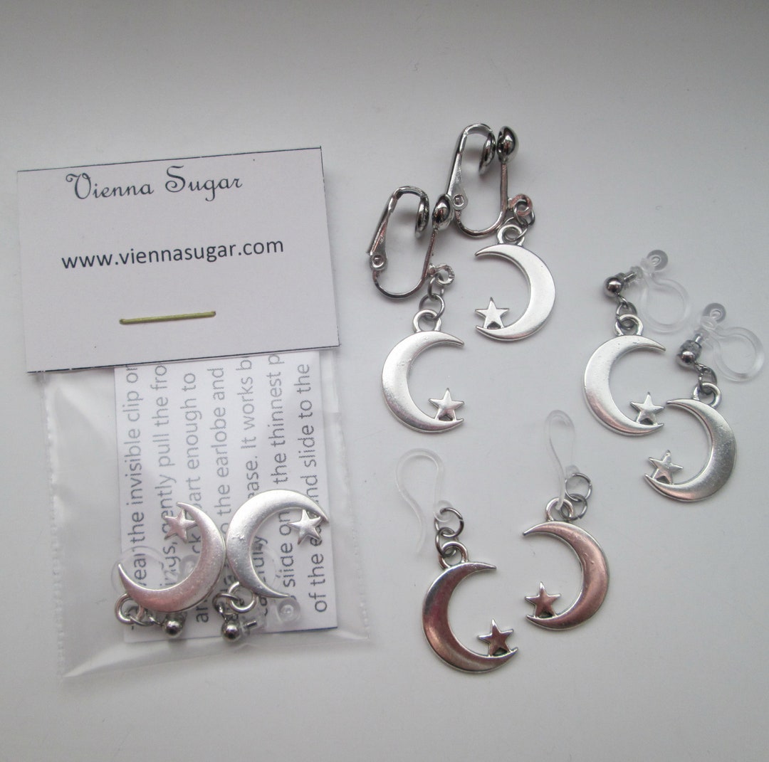 Silver Crescent Moon and Star Hinge Back Earrings Hypoallergenic Metal ...