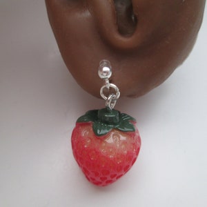 Red Resin 3D Strawberry Invisible Clip on or Pierced Earrings Metal ...