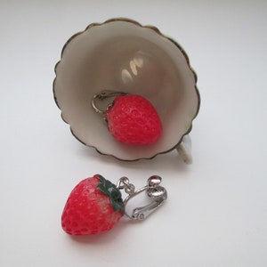 Red Resin 3D Strawberry Invisible Clip on or Pierced Earrings Metal ...