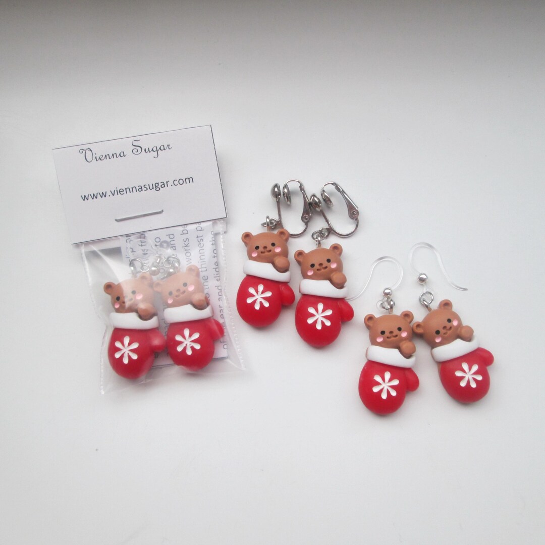 Cute Teddy Bear in Mitten Invisible Clip on Earrings Hinge Back or ...